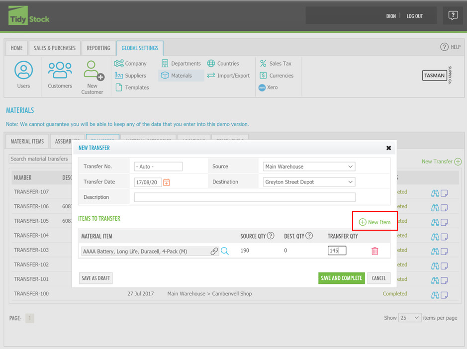 Transfer materials between locations